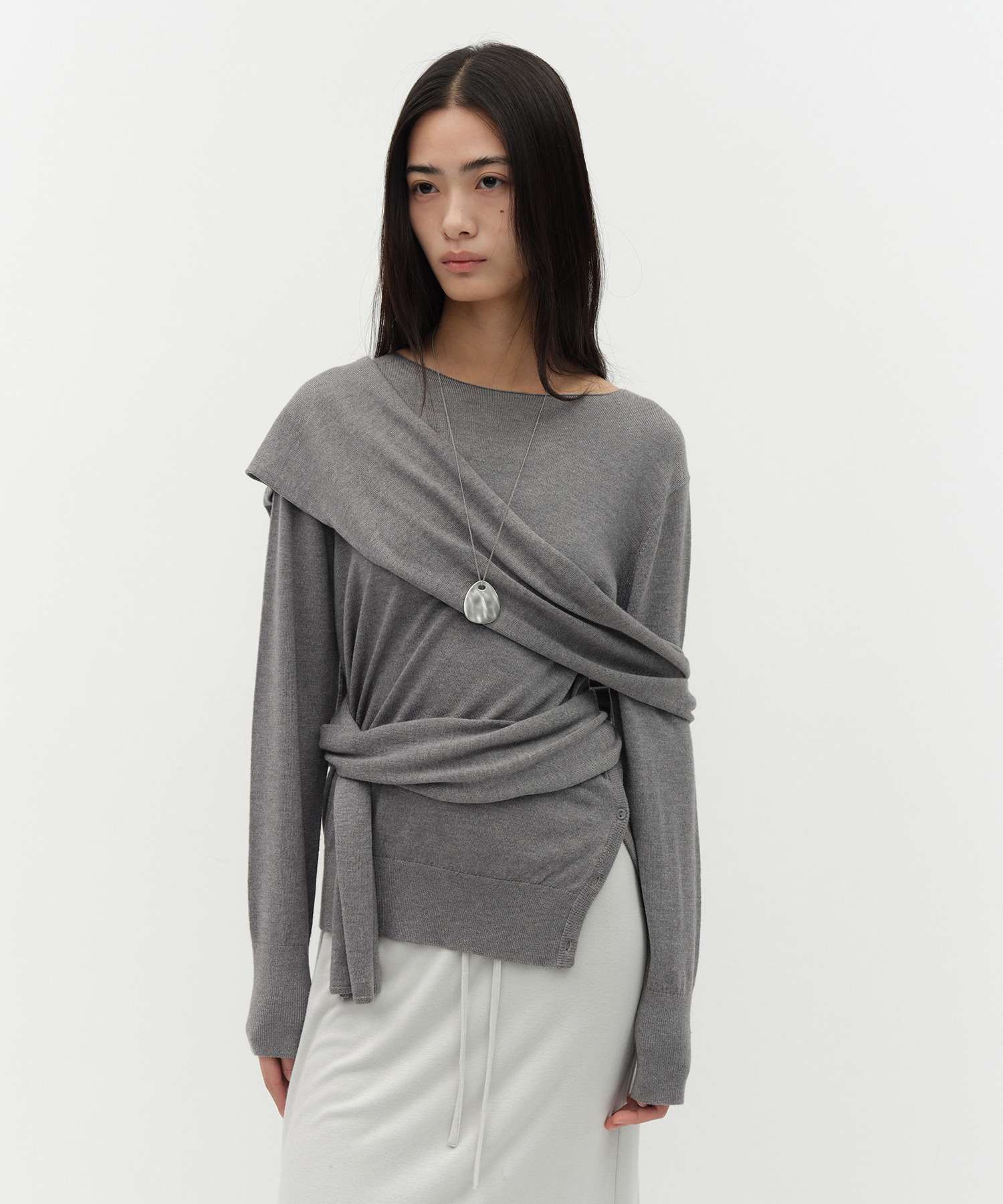 [30%쿠폰]MUFFLER SIDE BUTTON KNIT [GREY] - HAGO(하고)