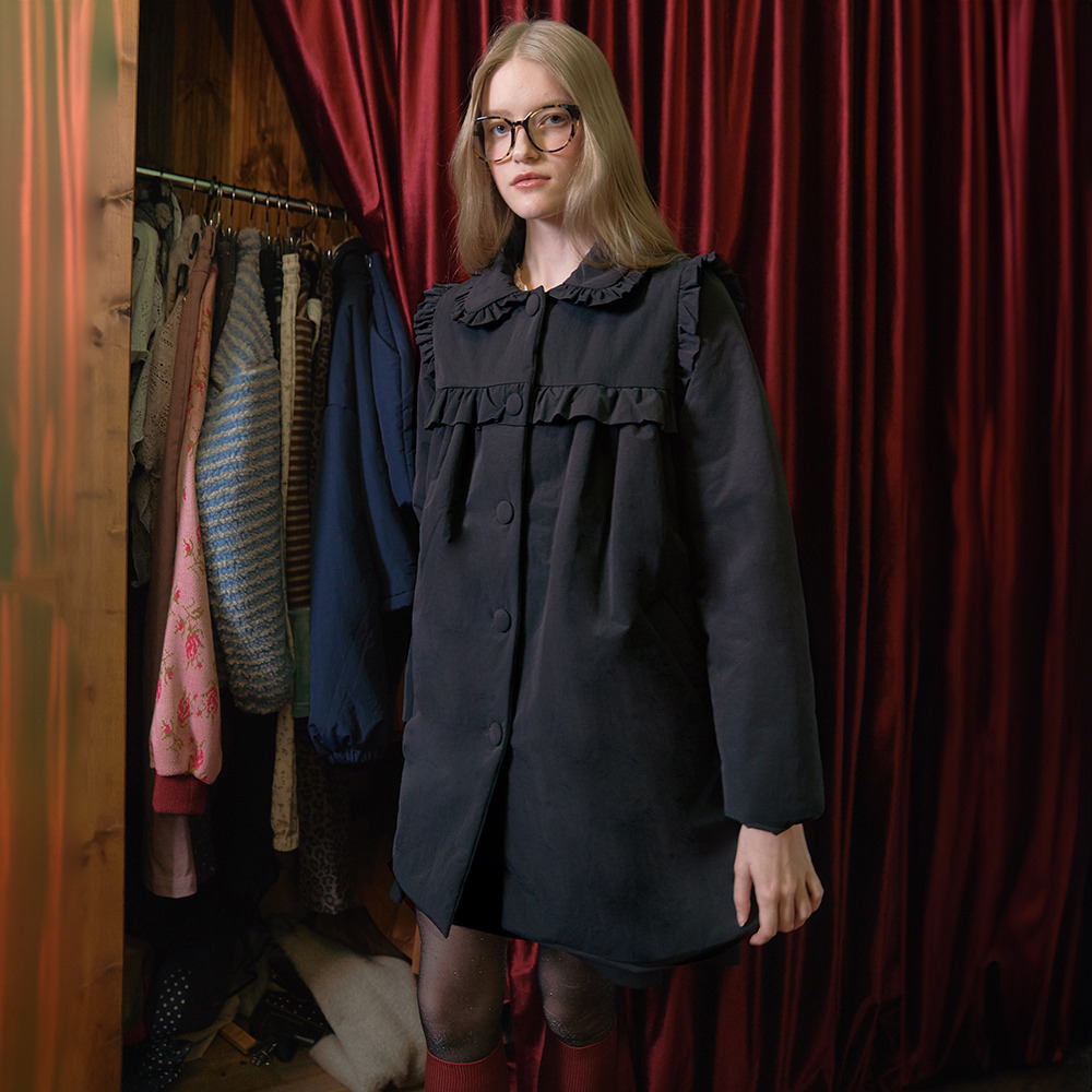 Romantic Ruffle-Trim A-Line Padded Coat_black - HAGO(하고)